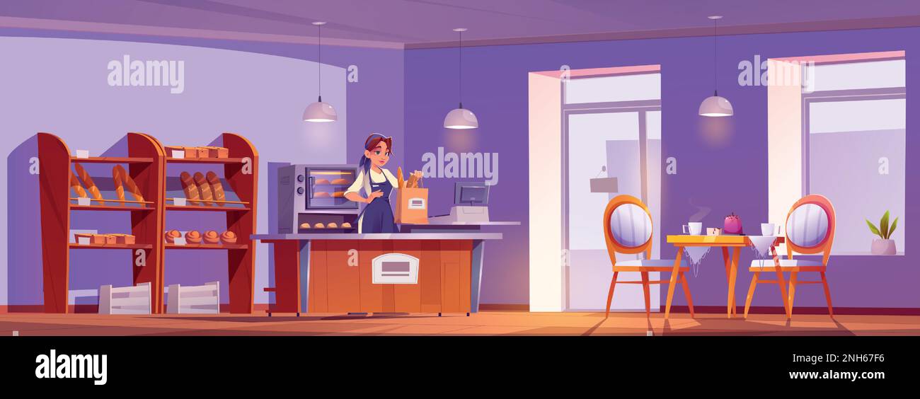 Cartoon bakery interior with female seller behind counter. Vector ...