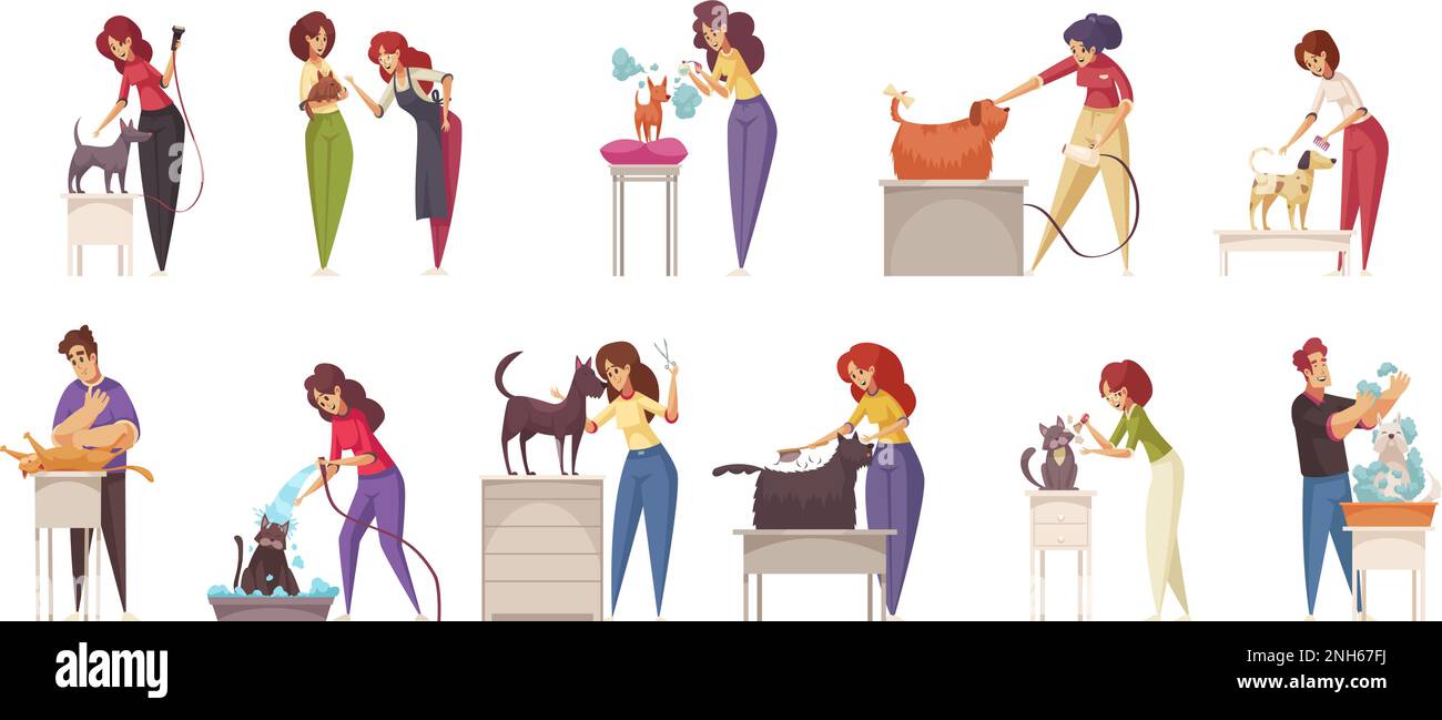 Grooming icons set with cats and dogs flat isolated vector illustration ...