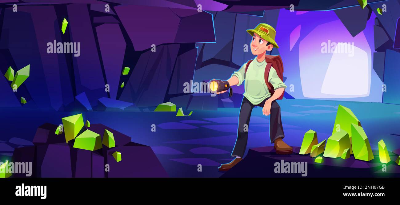 Male traveler inside treasure cave. Vector cartoon illustration of man ...