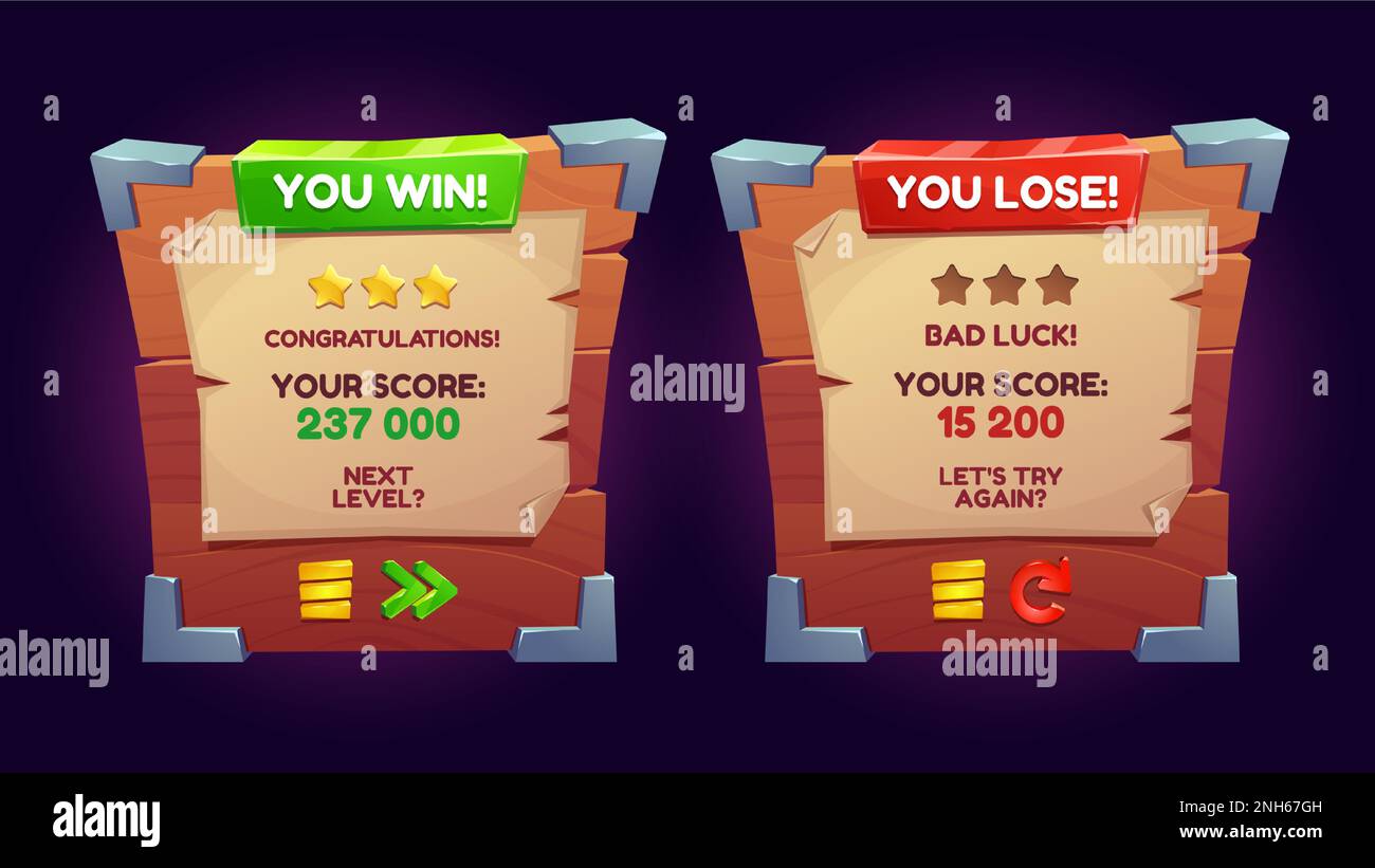 Cartoon set of win and lose game boards isolated on background. Vector ...