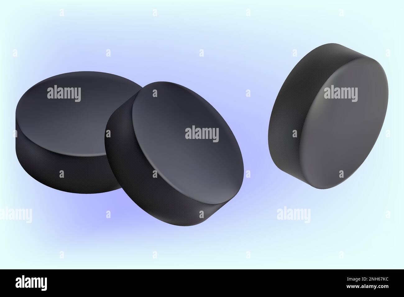 Three realistic pucks for ice hockey close-up on a blue background. Ice ...