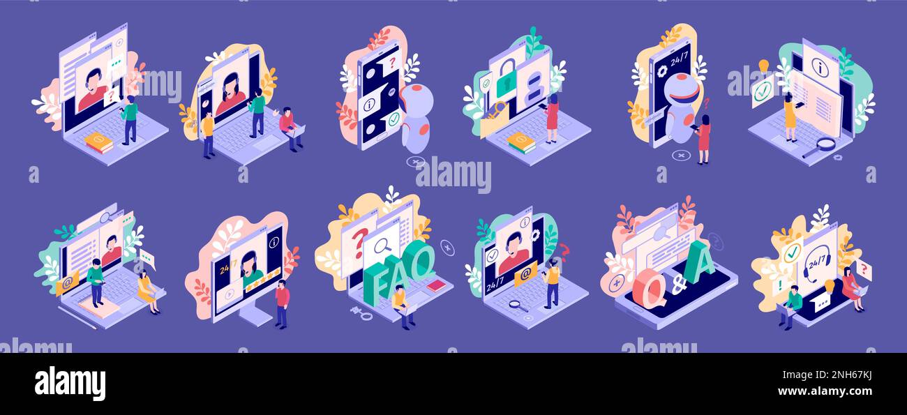 Isometric support faq set with twelve isolated compositions of text ...