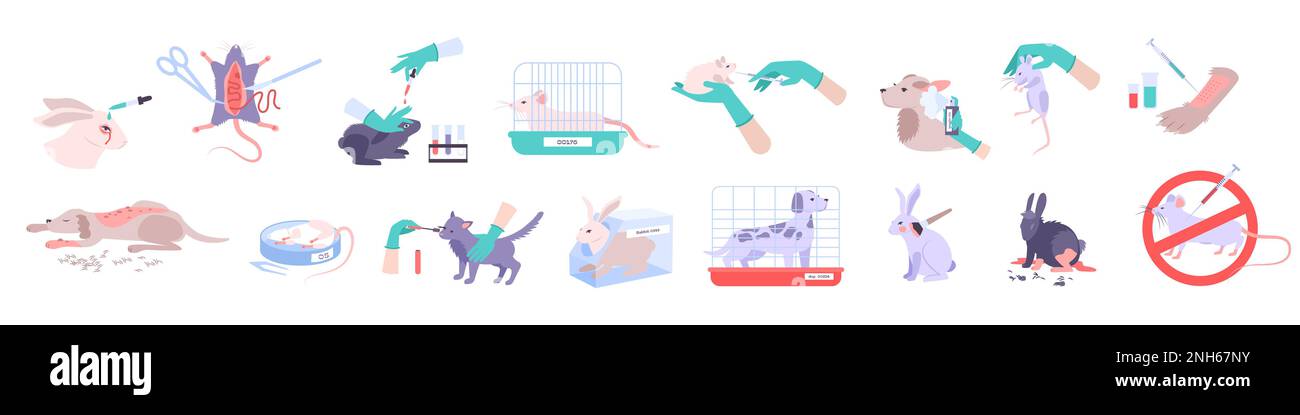 Animal testing icons set with experiment symbols flat isolated vector ...