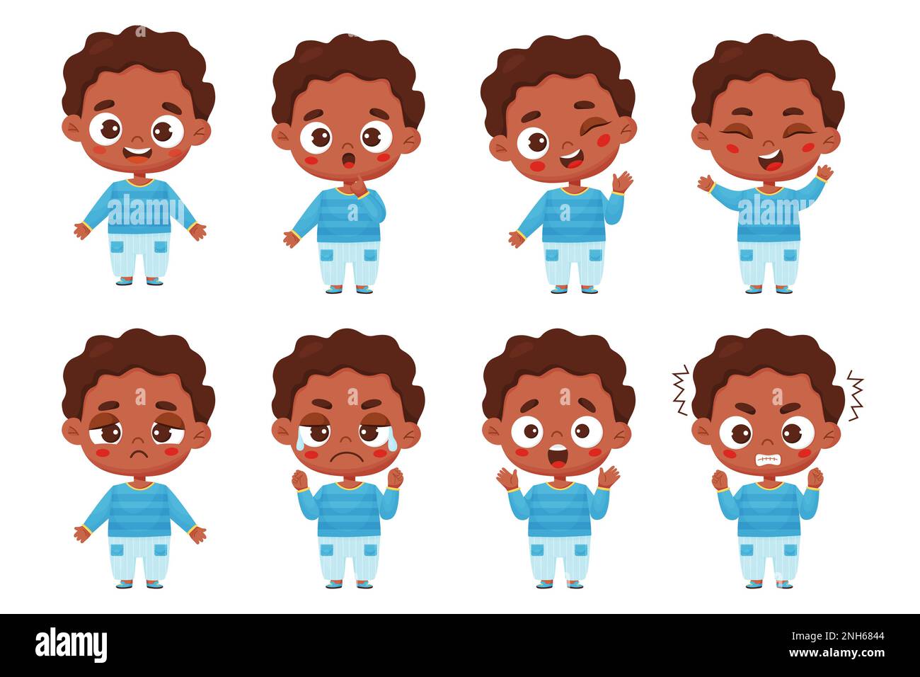 Big set kids emotions. Cute black ethnicity boy with different facial expressions and feelings ...