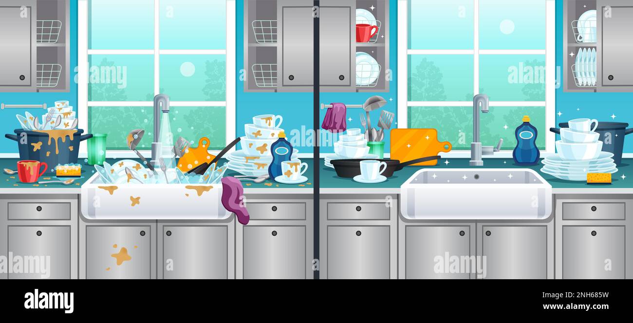 Dirty and clean kitchen background with washing dishes symbols flat ...