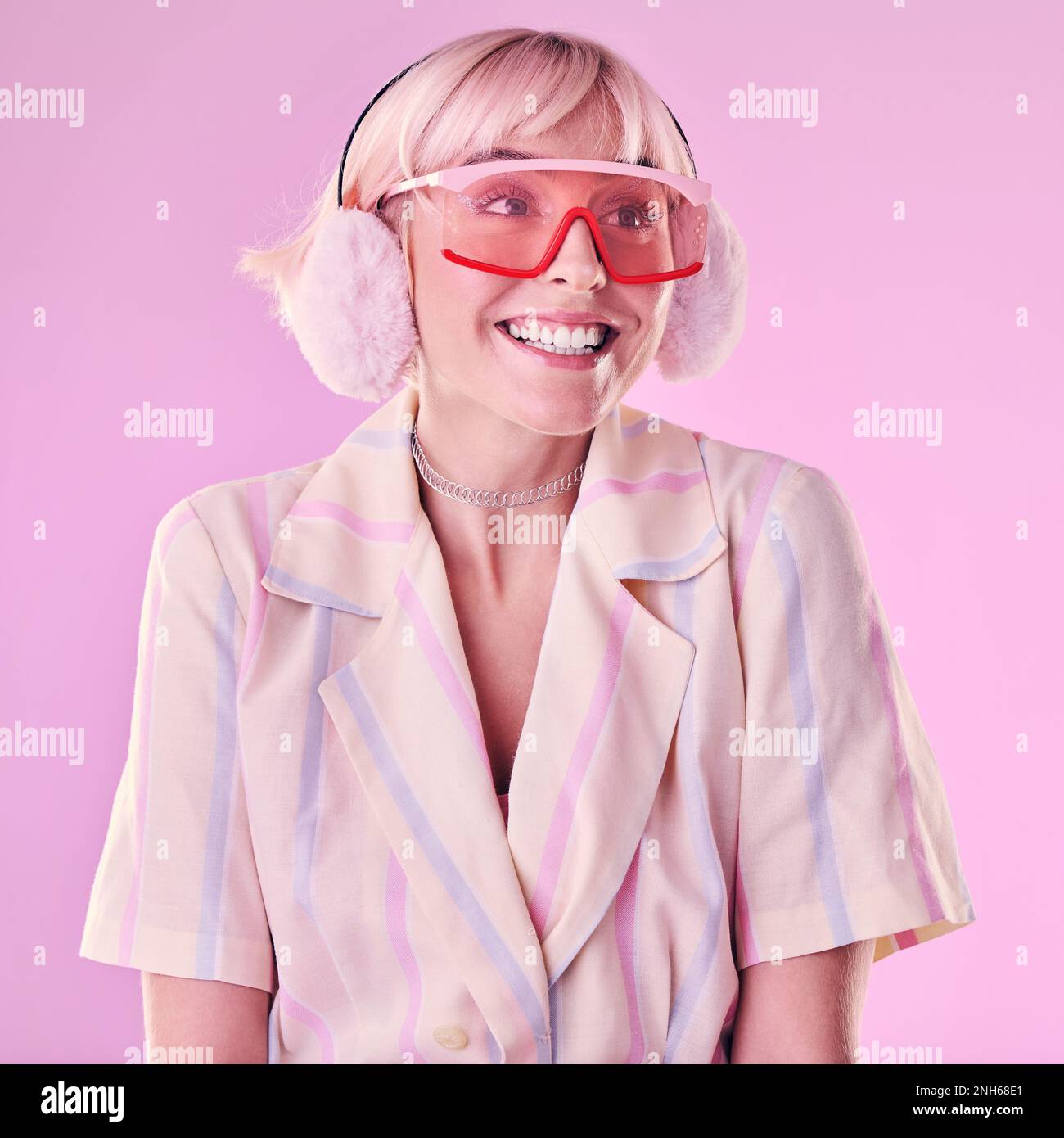 Fashion, excited and a woman quirky in studio for wow, surprise and ...