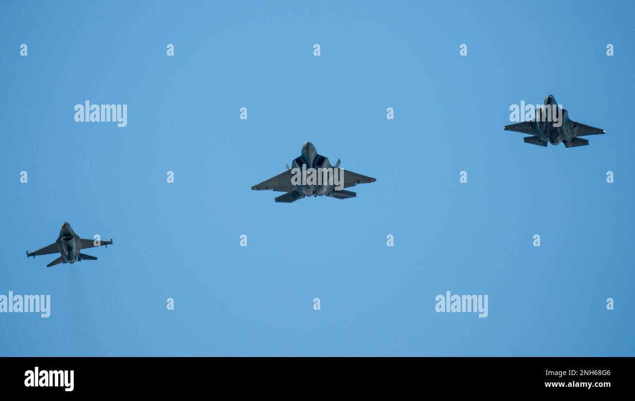 An F-16 Fighting Falcon, F-22 Raptor and F-35 Lightning II conduct a ...