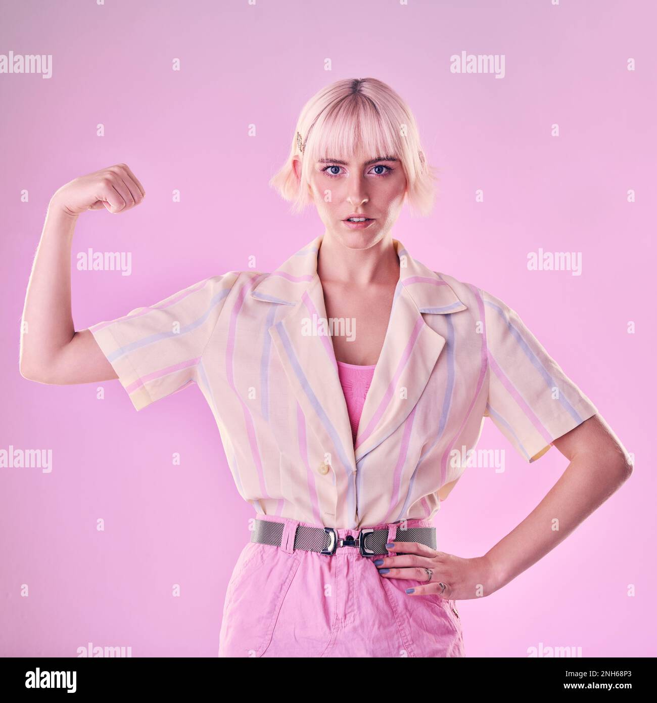 Woman, flexing arm muscle in portrait with power and strong female and ...