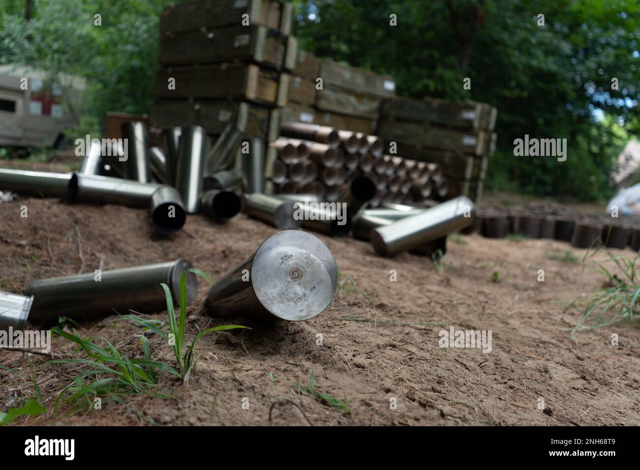 Spent shells from a a live fire exercise with 105 mm Howitzers at the ...