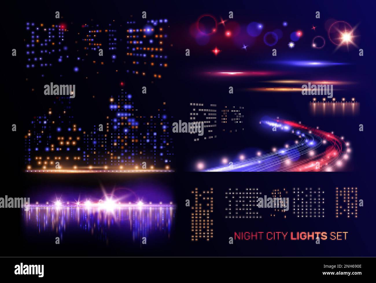 Night city lights set with flashing windows of high buildings motorway ...