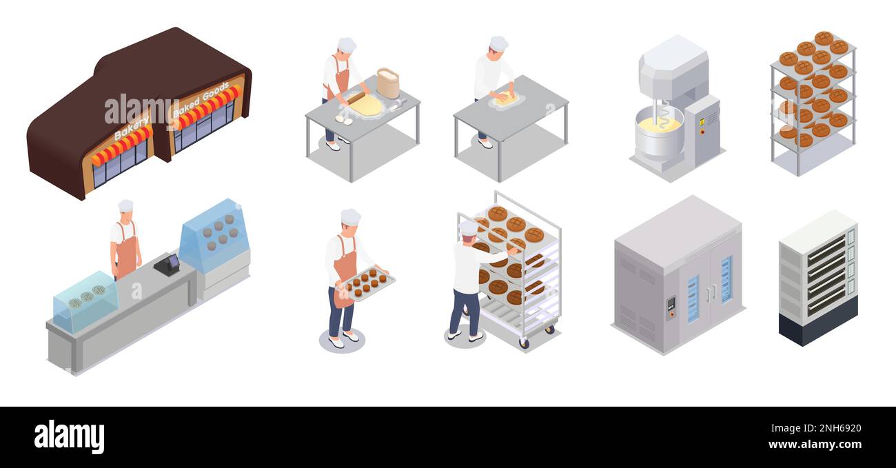 Isometric icons set with bakery equipment bakers shelves with baked ...