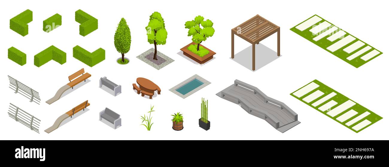 Landscape design isometric set with isolated icons of plants and garden ...