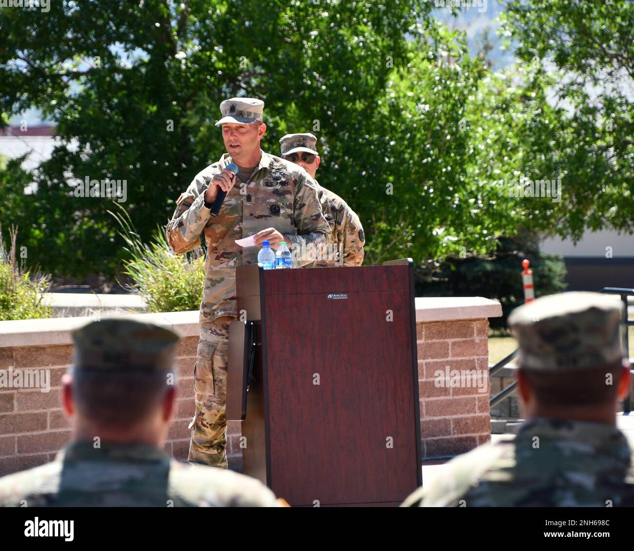 Command Sgt. Maj. Frederick Haerter addresses the attendees of a change ...