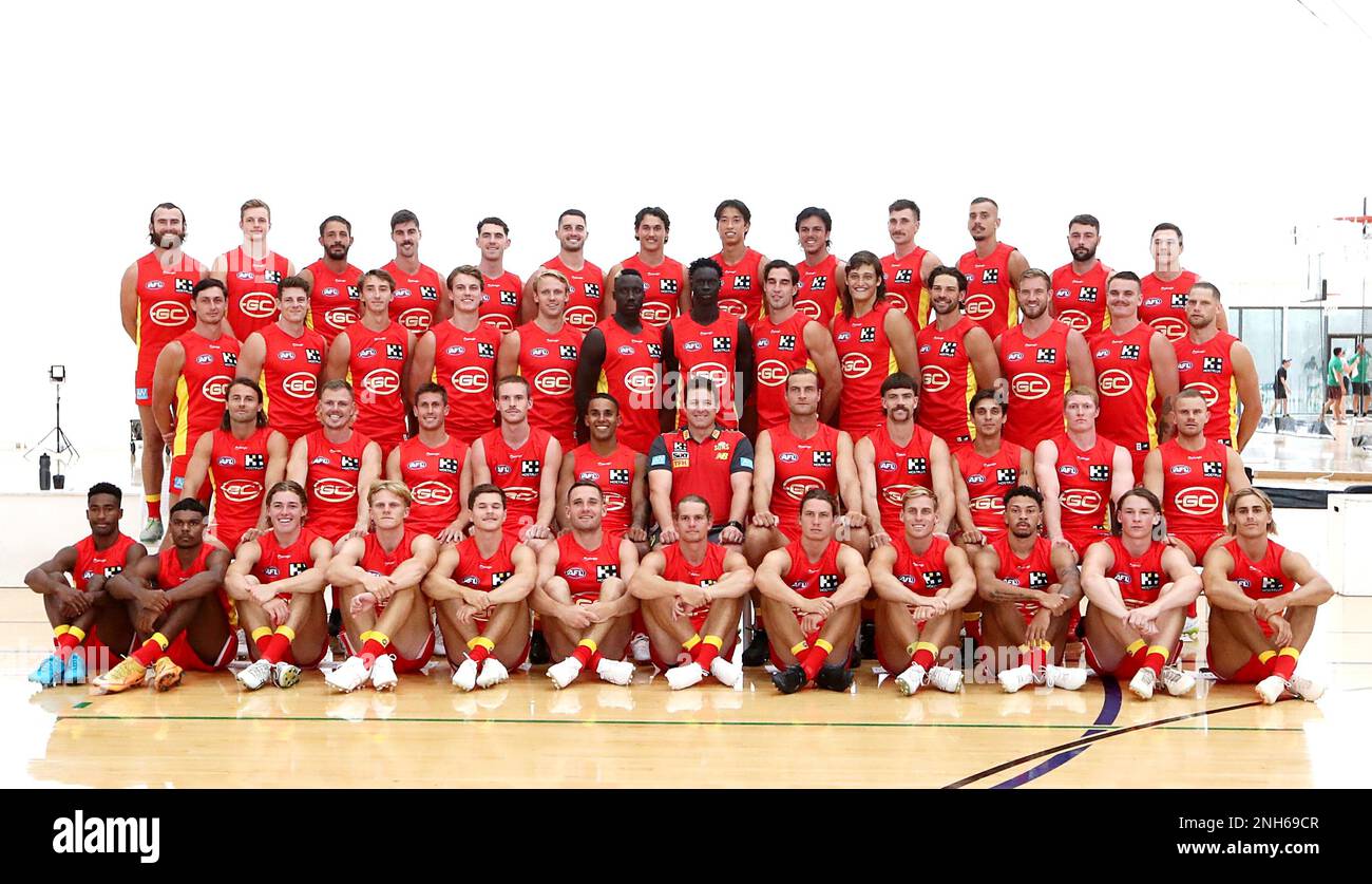 Suns players pose for a team photo during a Gold Coast Suns AFL Team Photo Day at the Gold Coast ...