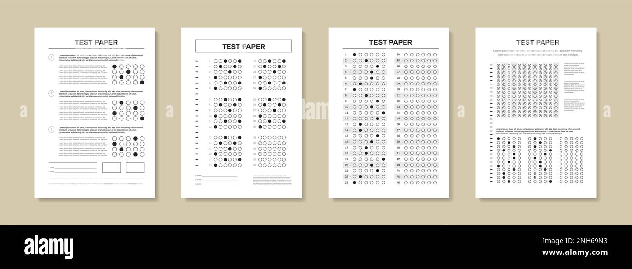 Realistic test paper set of four isolated exam sheets with marks and ...