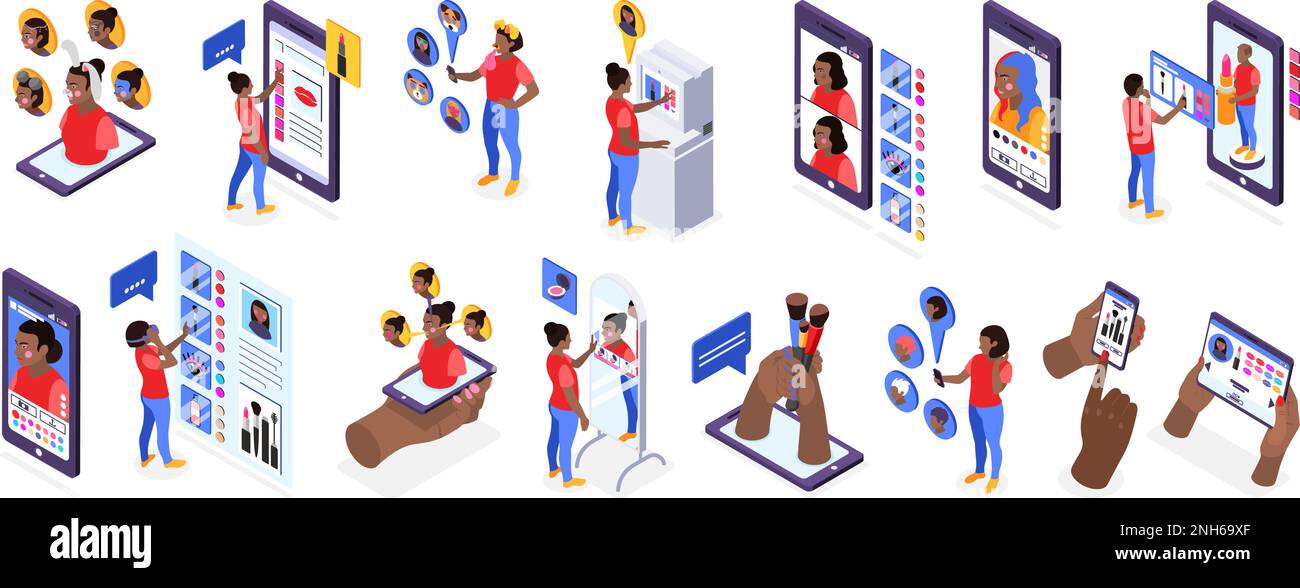 Set of isolated virtual makeup recolor icons with isolated images of ...