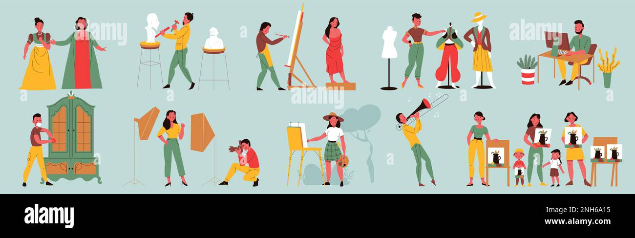 Creative professions color set with artist musician and singer flat ...