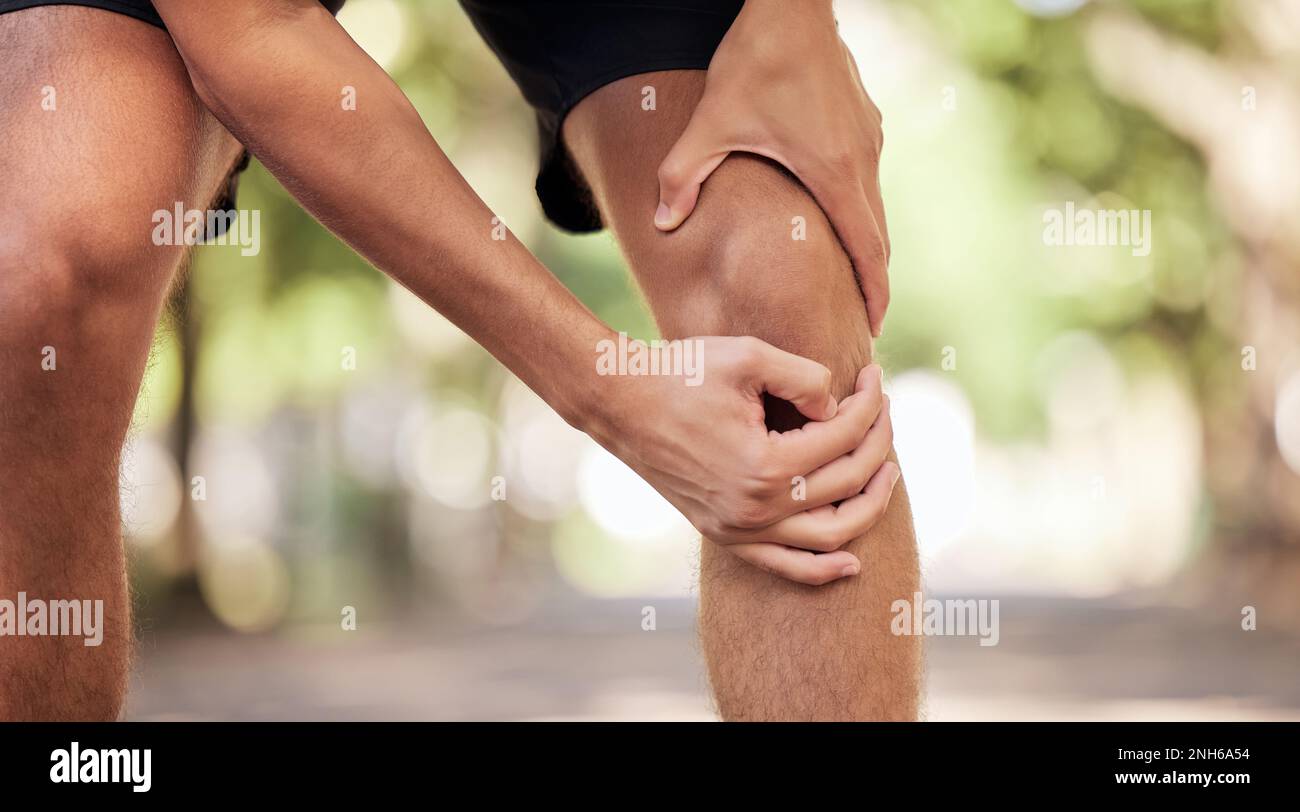 Knee pain, hands and legs injury at park after training, workout or ...