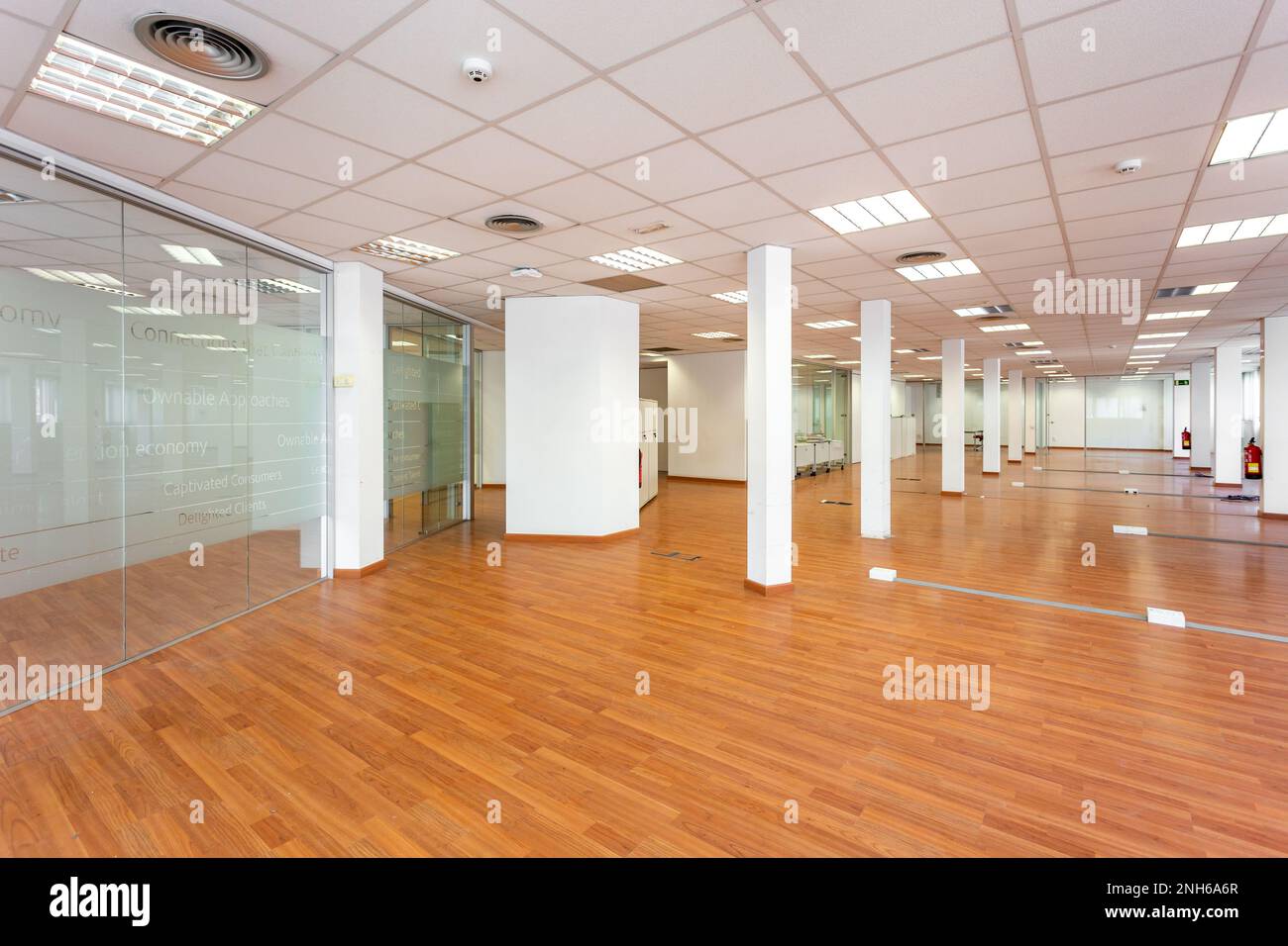 Large empty space with ceiling tiles, fluorescent lights, light brown ...