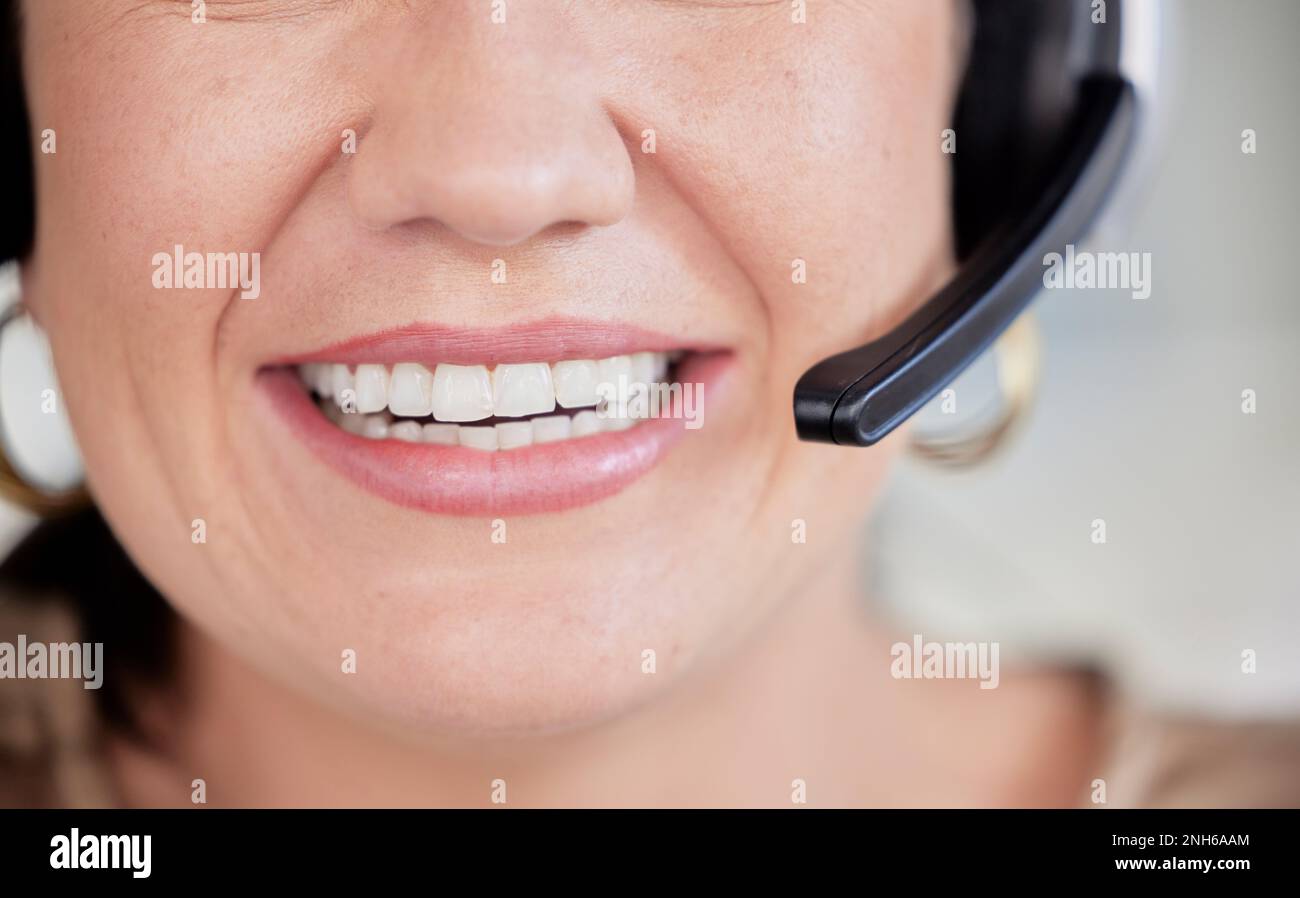 Telemarketing, happy smile and mouth of woman in call center for ...