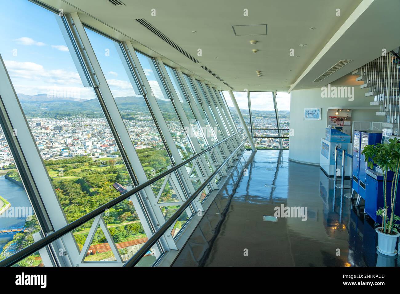 Interior lobby of Goryokaku Tower. The Tower Observation Deck command ...