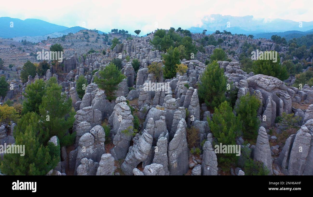 Pine trees grow among granite rock formations at National Park of Manavgat, Turkey. Panoramic ...