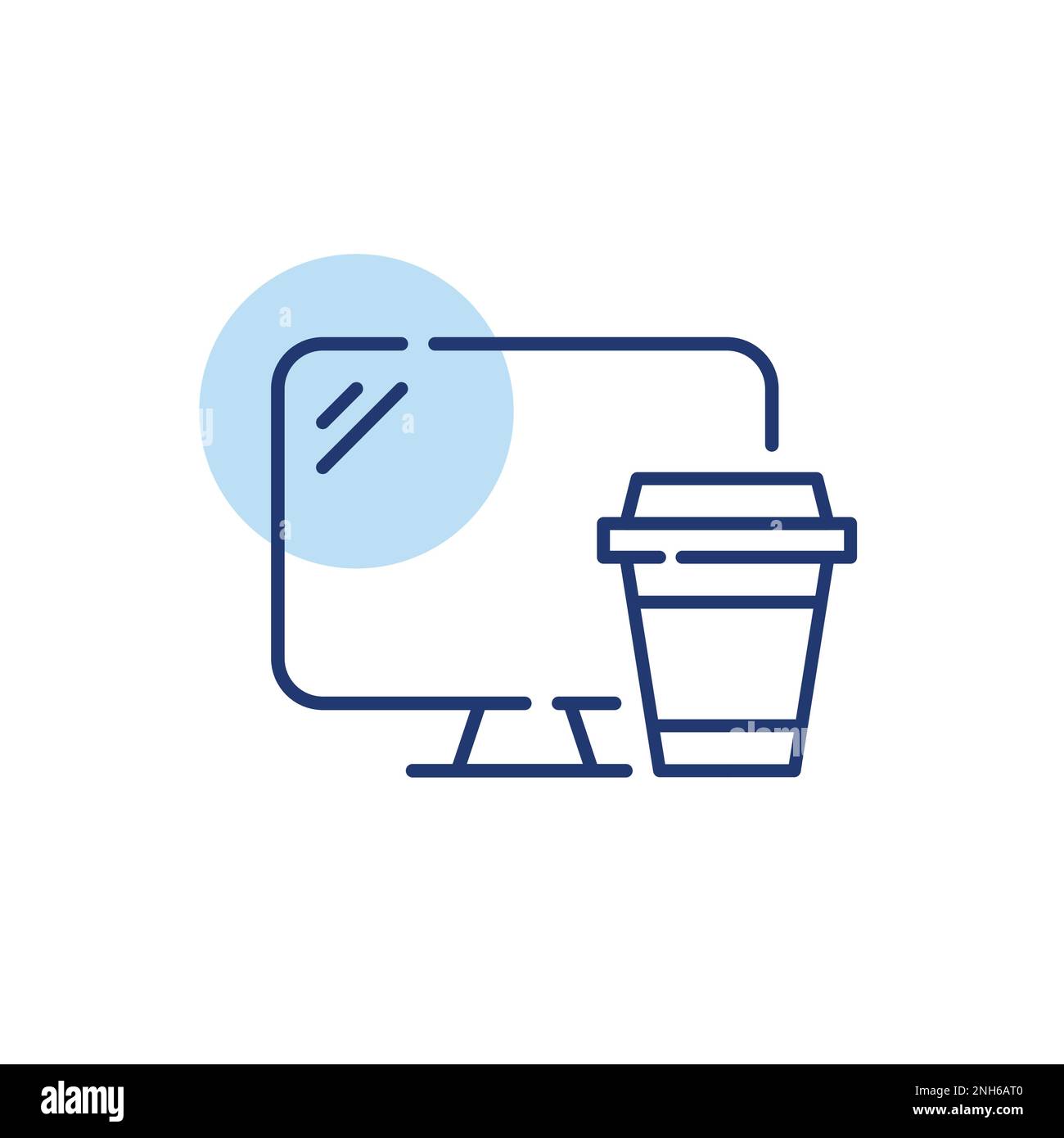 Desktop PC monitor and disposable paper cup with coffee. Pixel perfect, editable stroke line ...