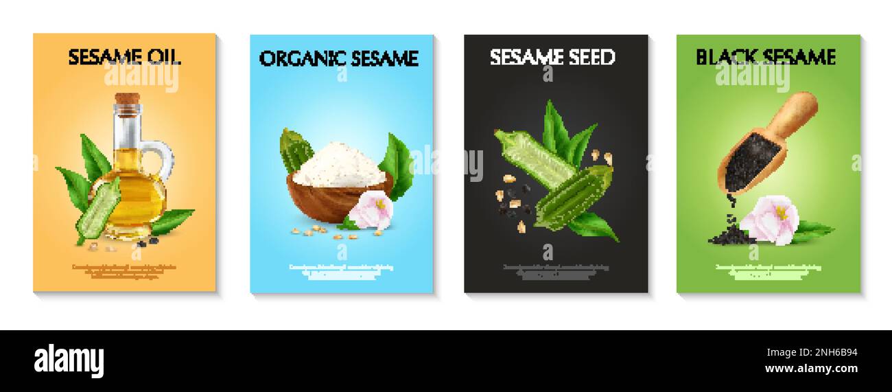 Realistic set of four vertical posters with black and white sesame ...