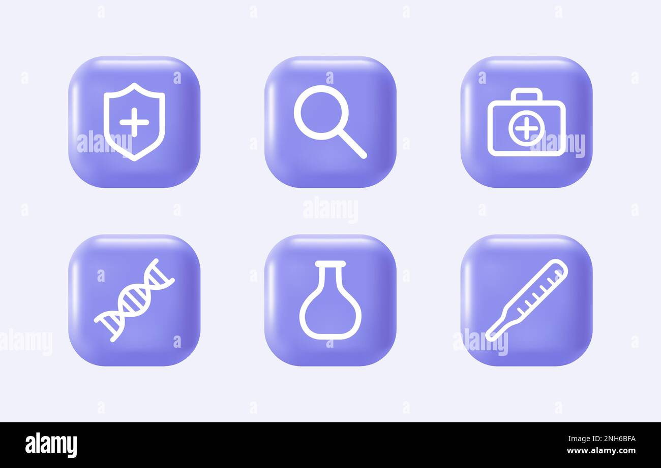 3d medical equipment icons on realistic violet buttons. Healthcare ...