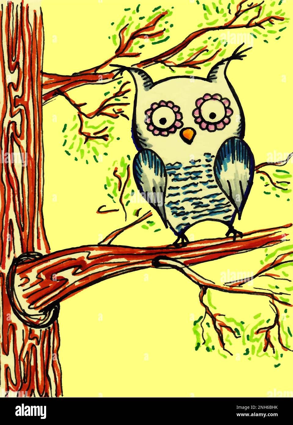 Sketched yellow cartoon owl on the tree branches vector Stock Vector ...