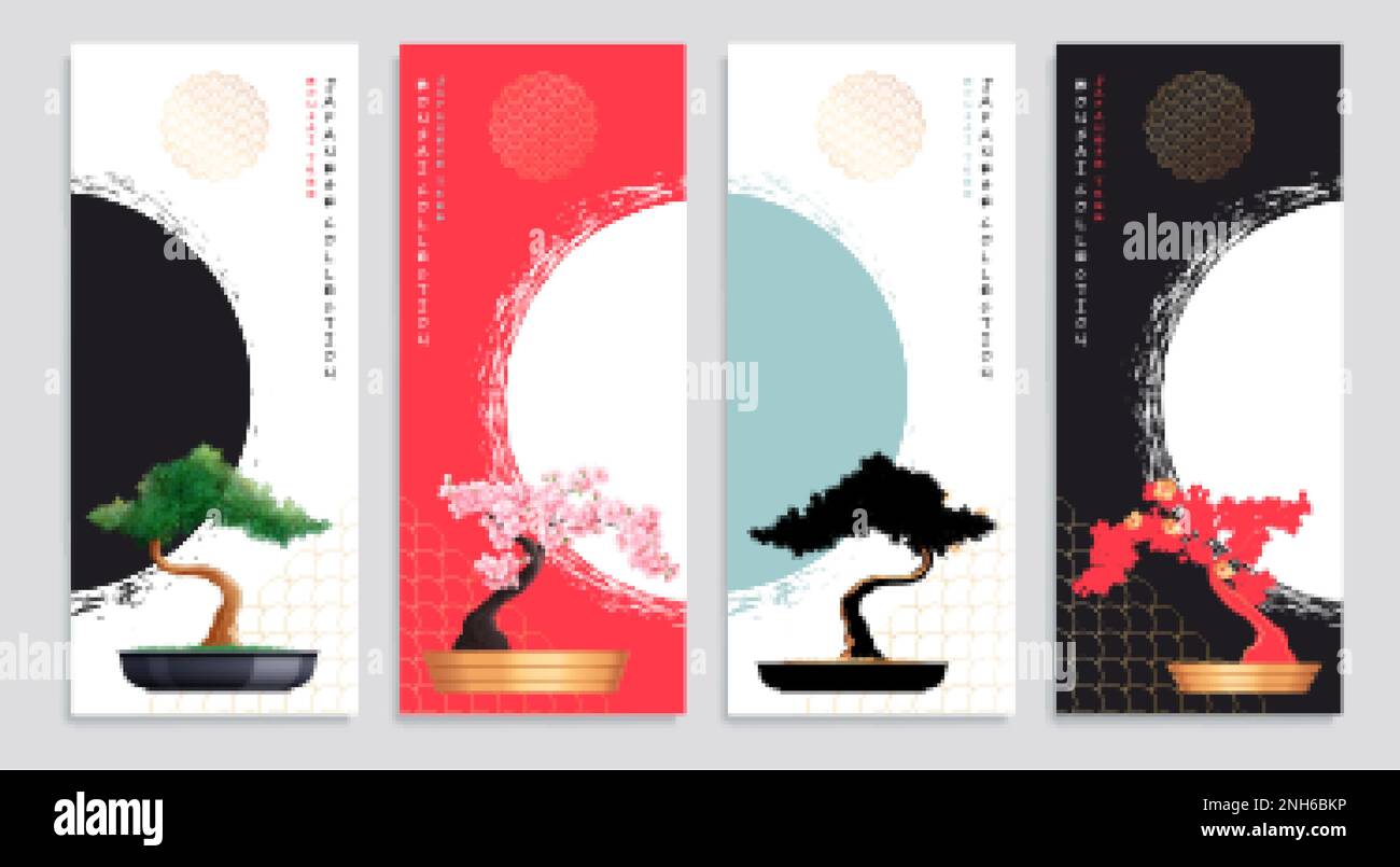 Flat set of four vertical banners with growing japanese bonsai trees ...