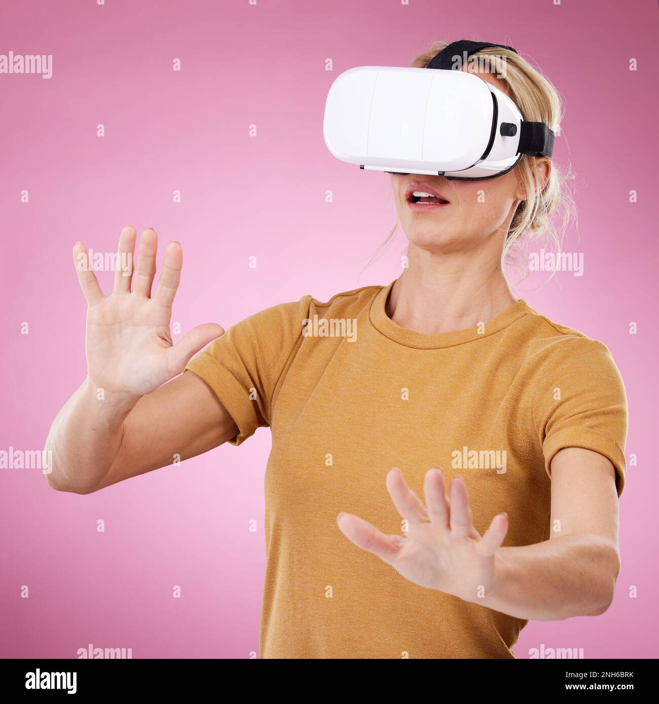 Scared woman, vr glasses and metaverse for future technology, gaming ...