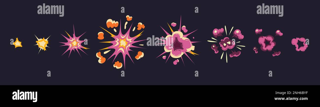 Cartoon set with bomb explosion effects of different size for flash animation isolated against ...