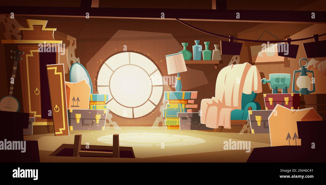 House attic with old broken furniture, dust flying in air and spider ...