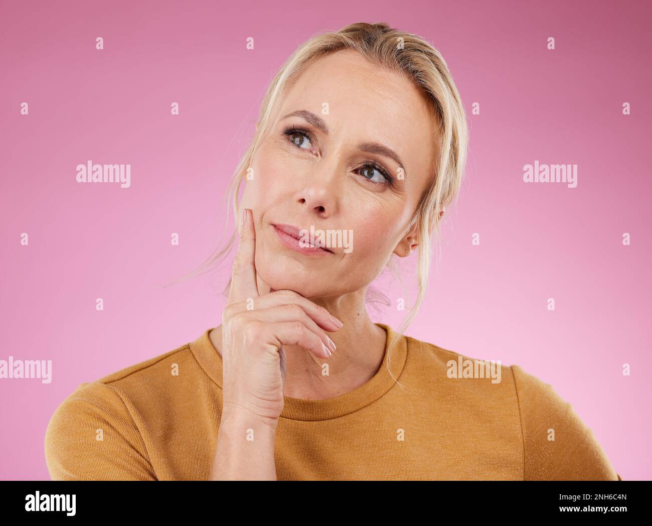 Senior woman, thinking and ideas for future, opportunity and fantasy ...