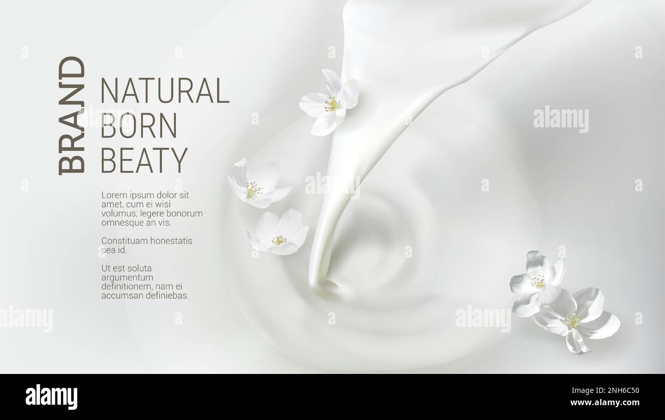 Cosmetic realistic vector white poster with cream or pouring milk ...