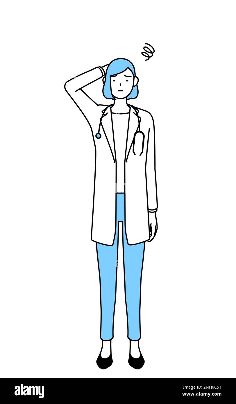 A woman doctor in white coat scratching her head in distress Stock ...