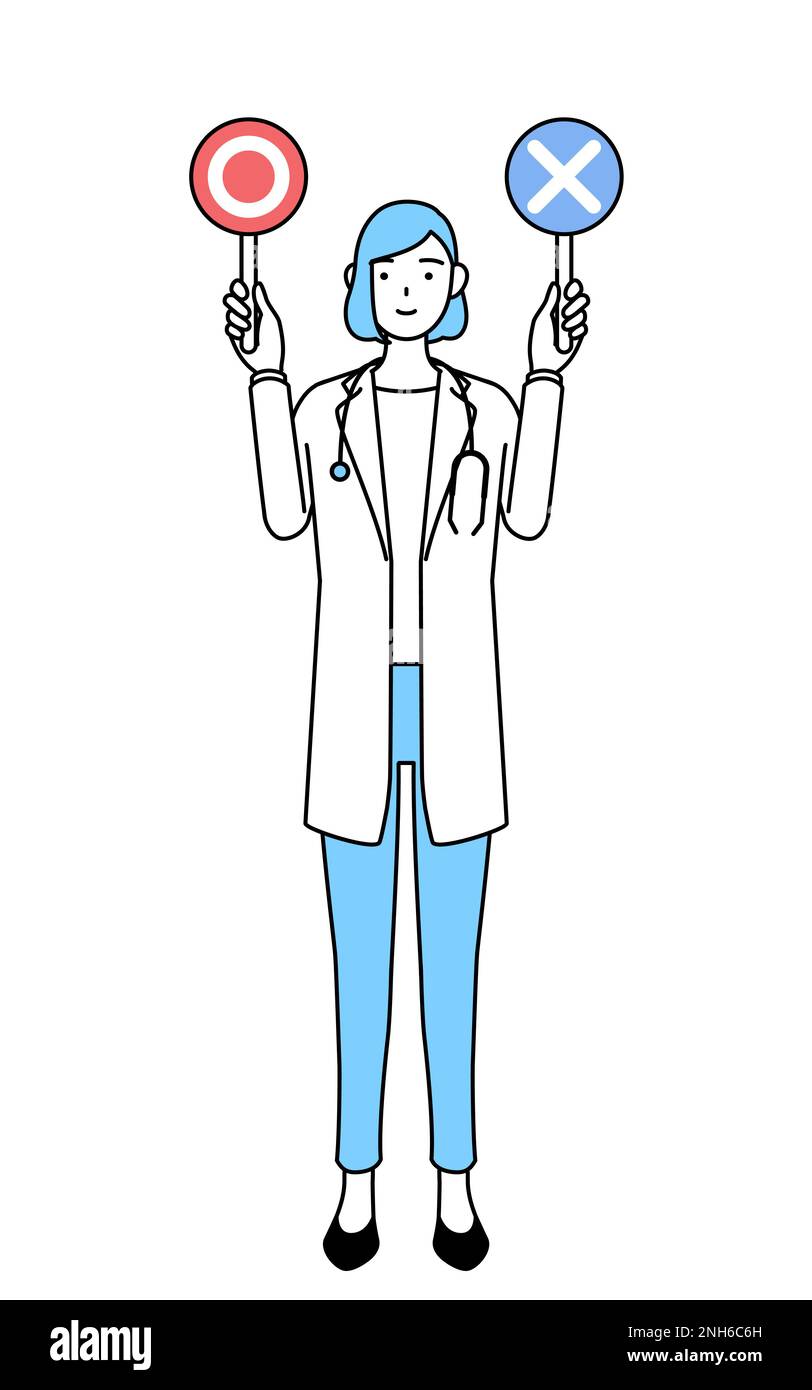 A woman doctor in white coat holding a stick indicating correct and ...