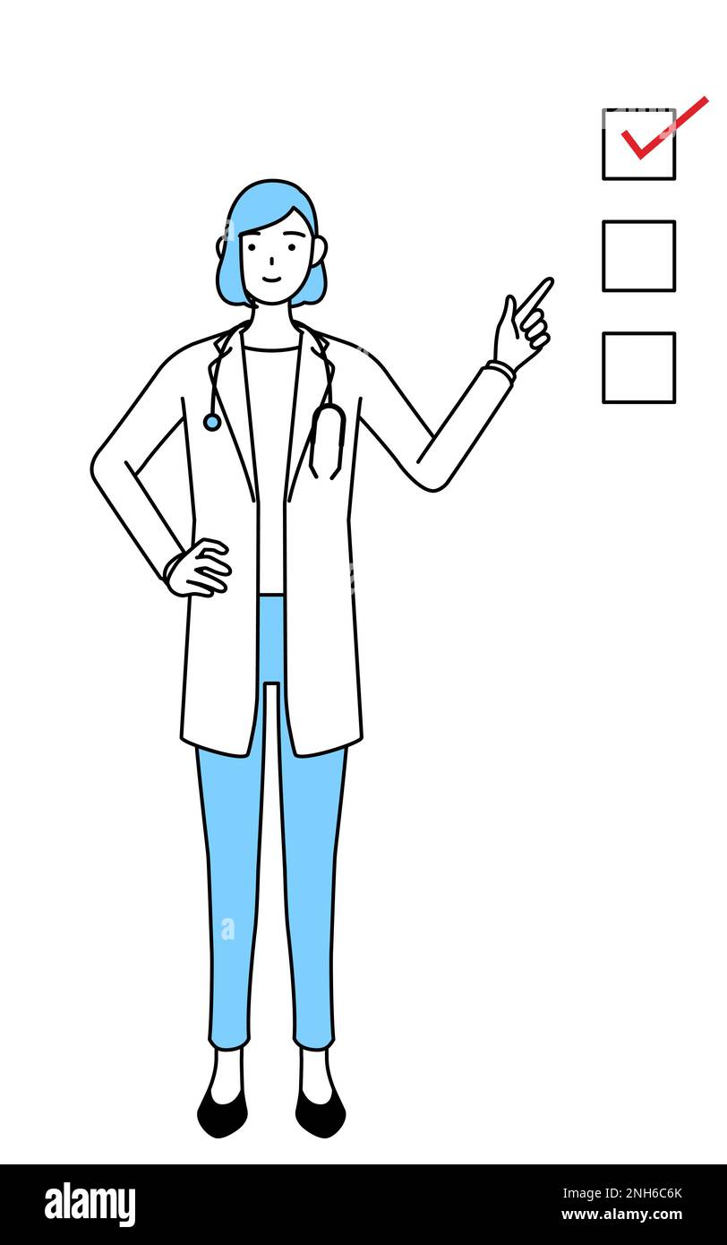 A woman doctor in white coat pointing to a checklist Stock Photo - Alamy