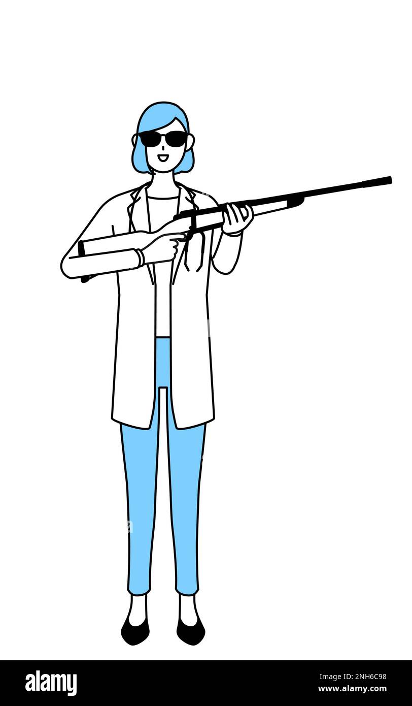 A woman doctor in white coat with sunglasses and holding a rifle Stock ...