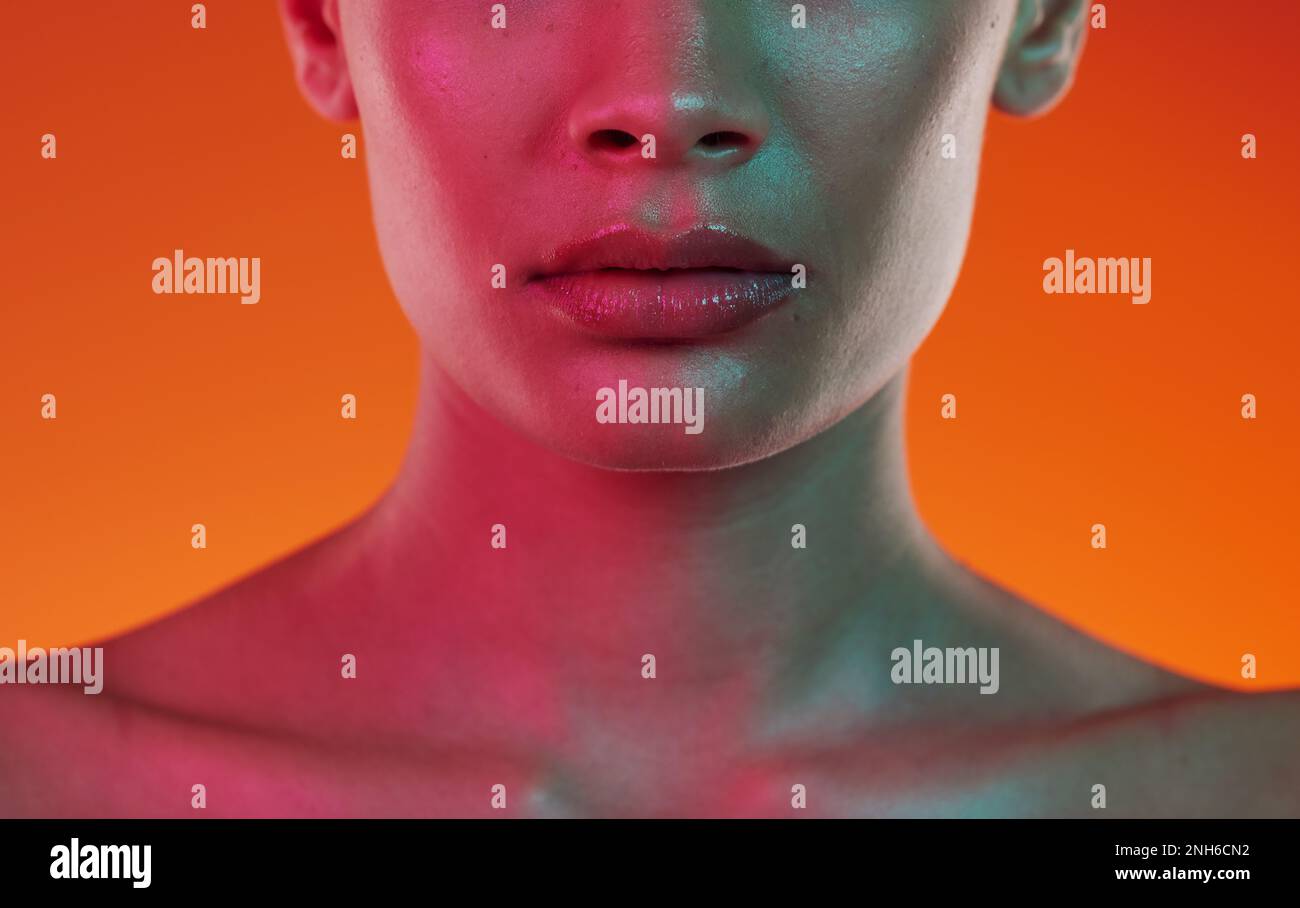 Woman, neon beauty and skincare with lips, mouth and aesthetic botox ...