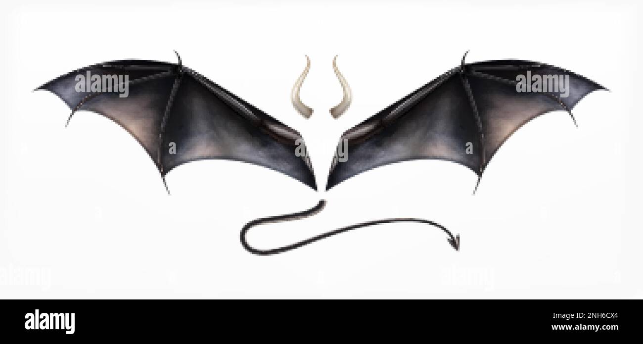 Bat daemon composition with isolated images of wings pair of horns and ...