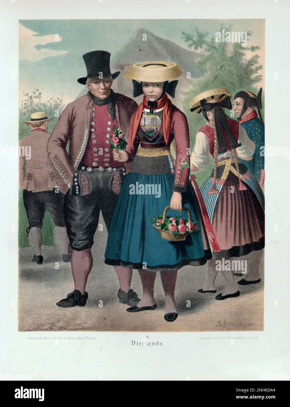 German folk costume. Vierlande. 19th-century lithography. (Vierlande is ...