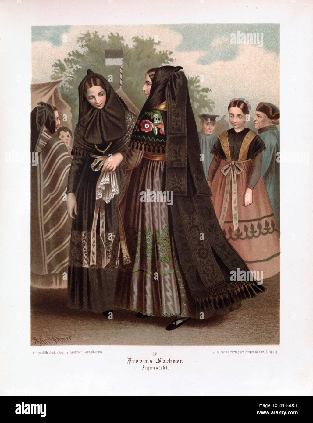 German folk costume. Saxony (German: Sachsen). 19th-century lithography ...