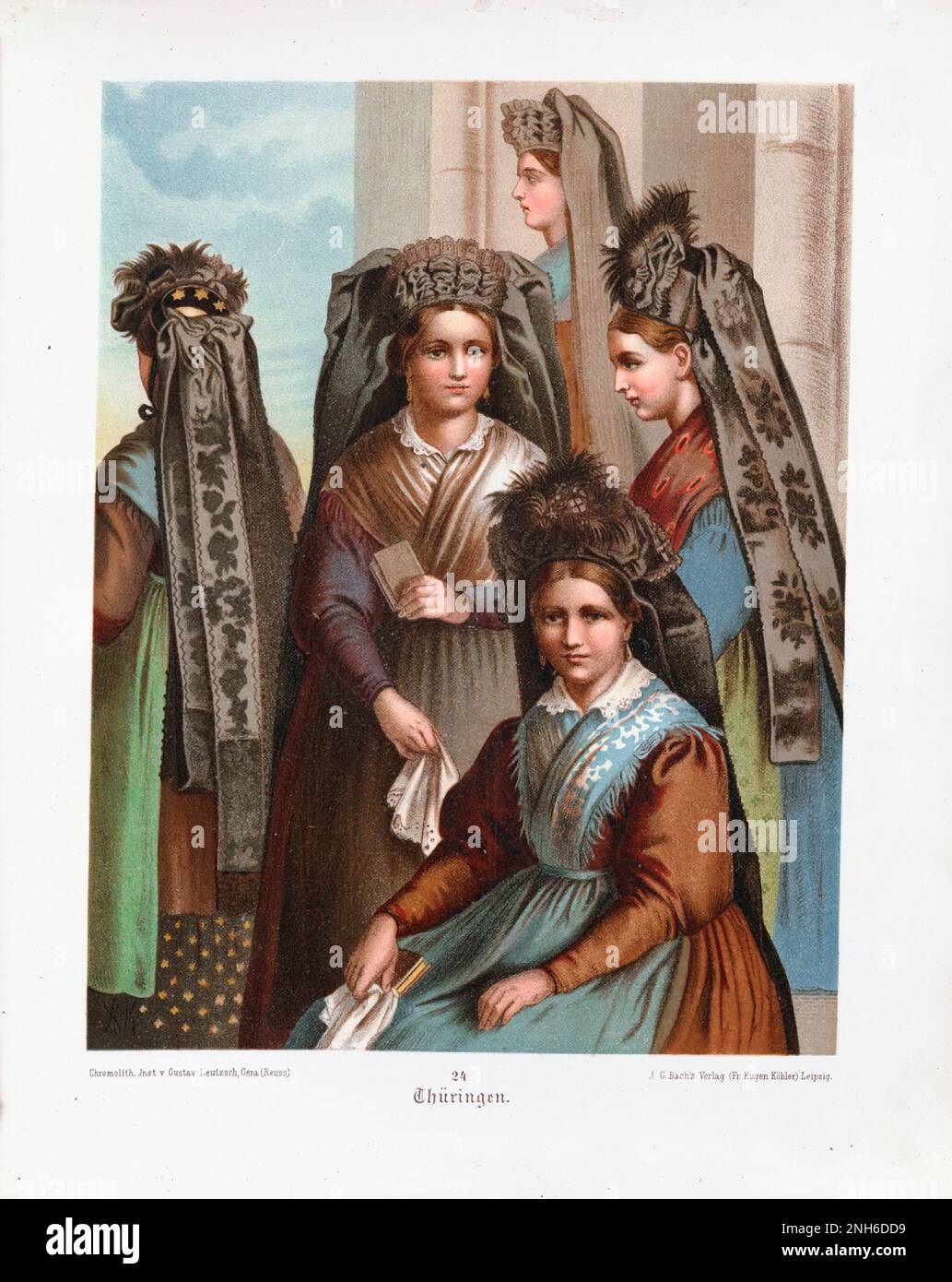 German folk costume. Thuringia (Thüringen). 19th-century lithography ...