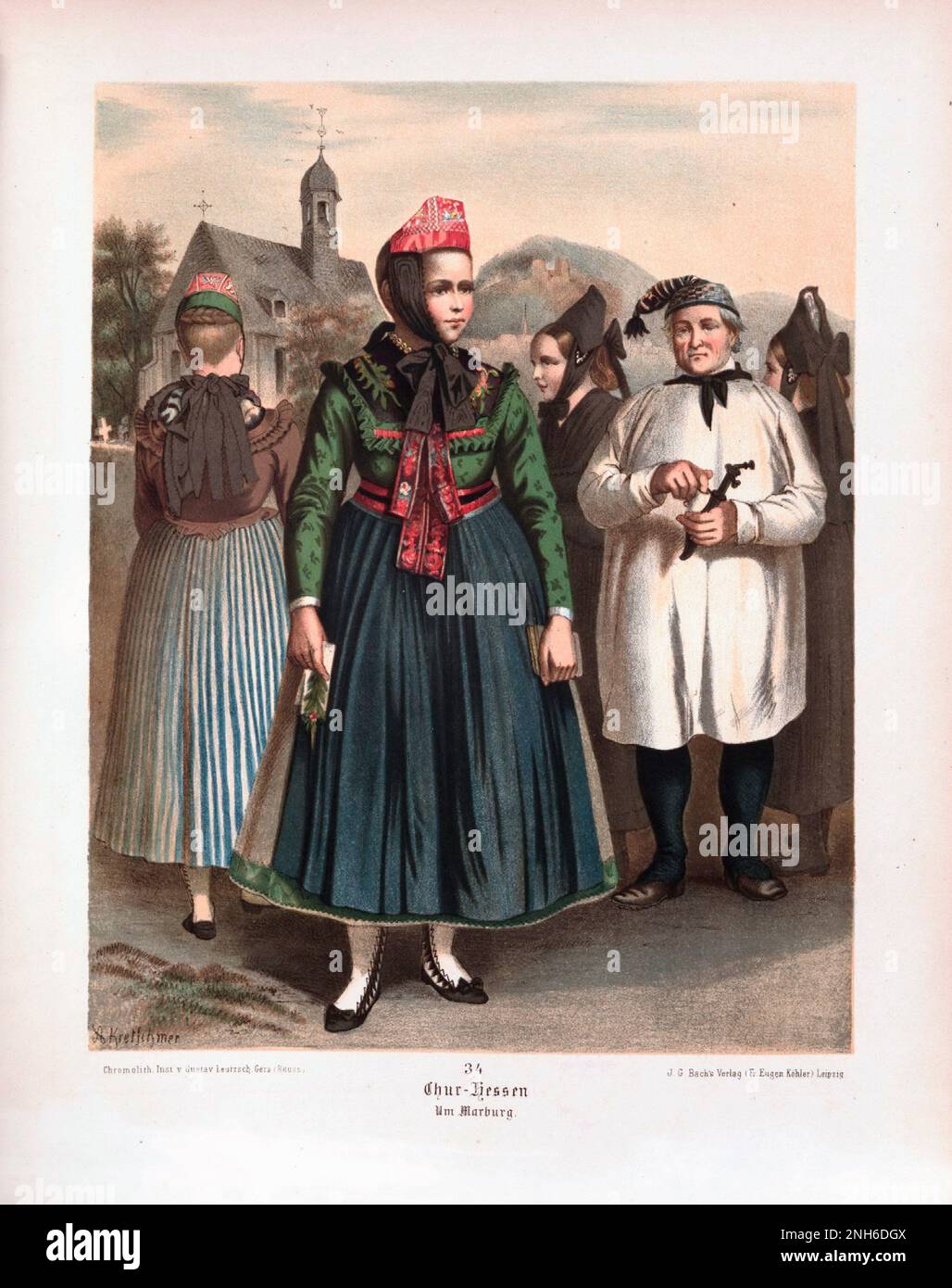 German folk costume. Chur-Hessen. 19th-century lithography Stock Photo ...