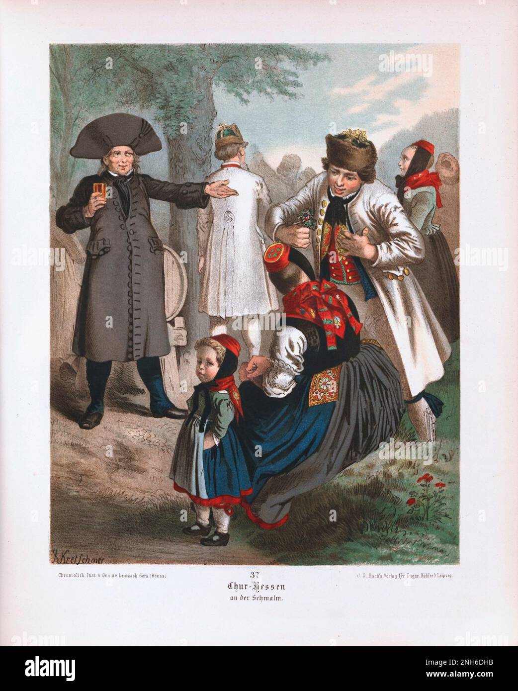 German folk costume. Chur-Hessen. 19th-century lithography Stock Photo ...
