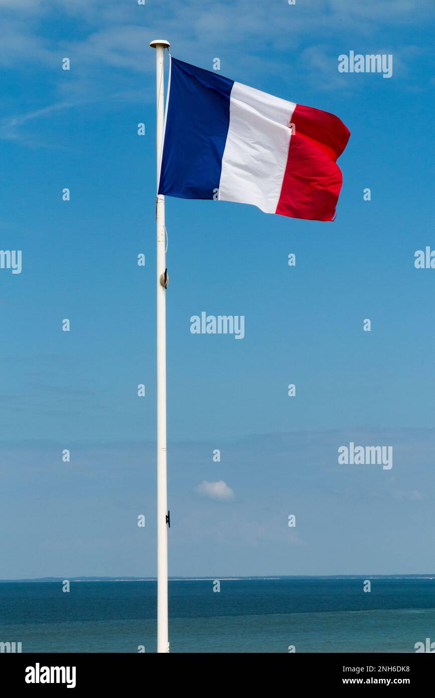 Nice French flag against blue sky and ocean Stock Photo - Alamy