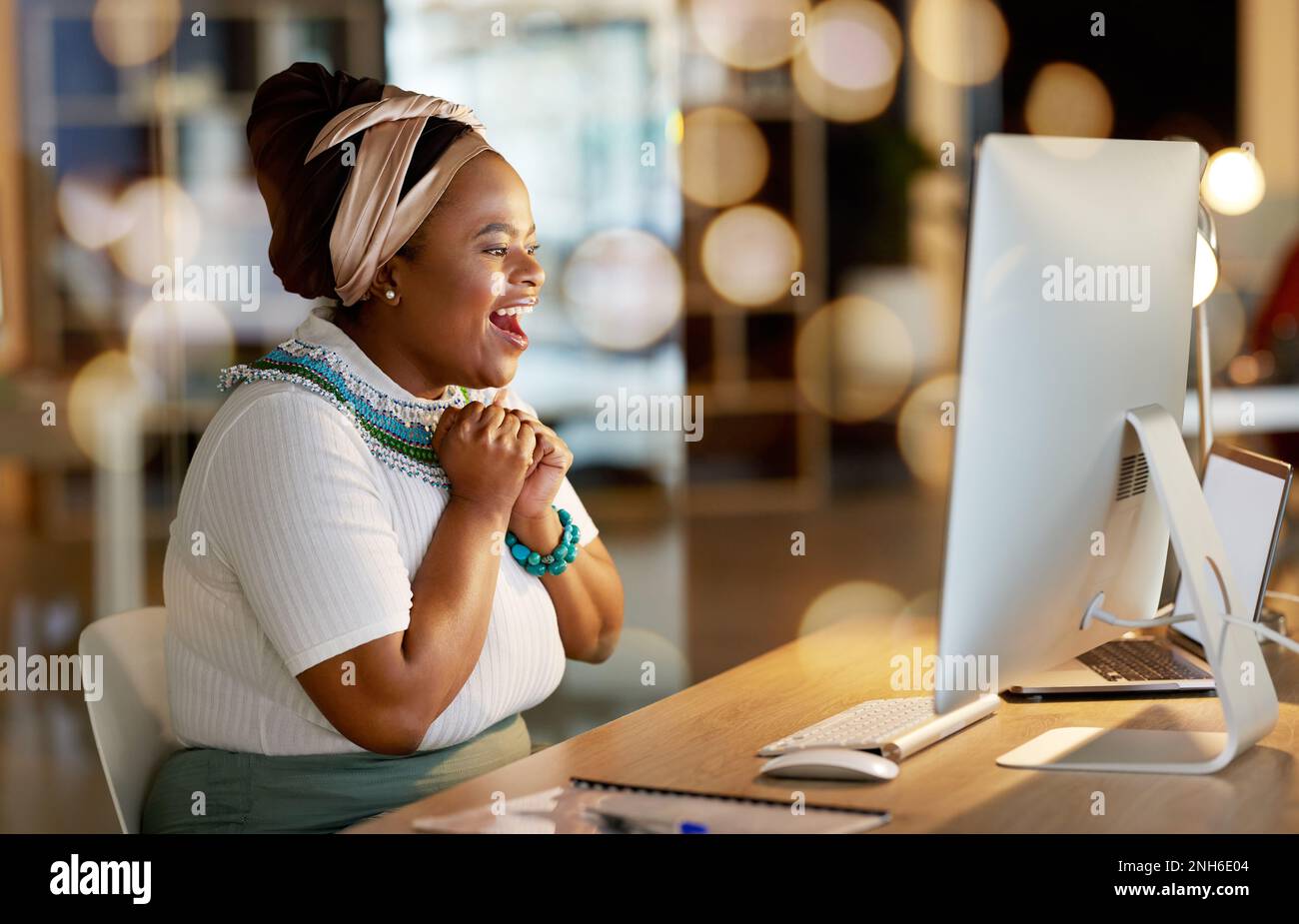 Excited black woman, computer and celebration for good news, winning or ...