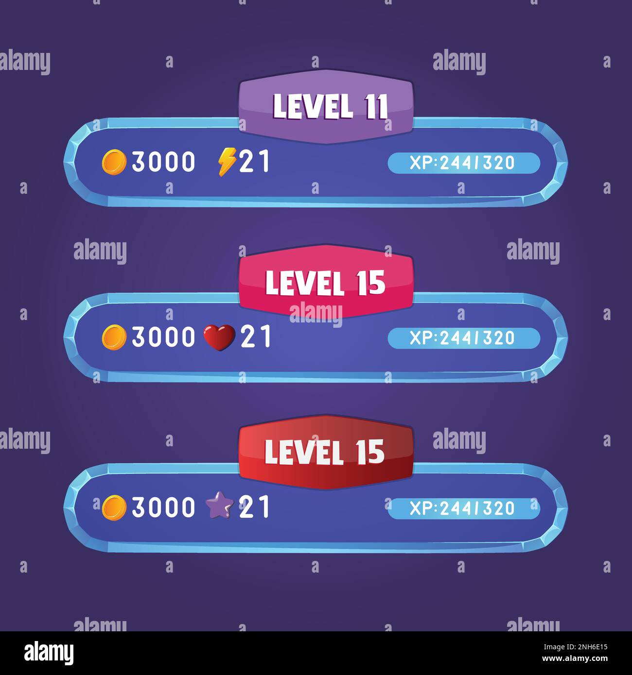 Level assets and earnings menu options. UI kit collection buttons for ...